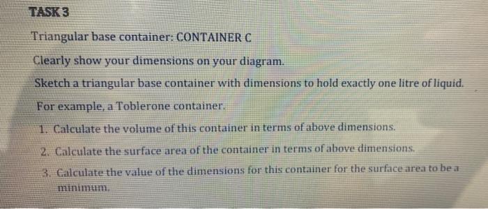 Solved container specifications: container must hold exactly | Chegg.com