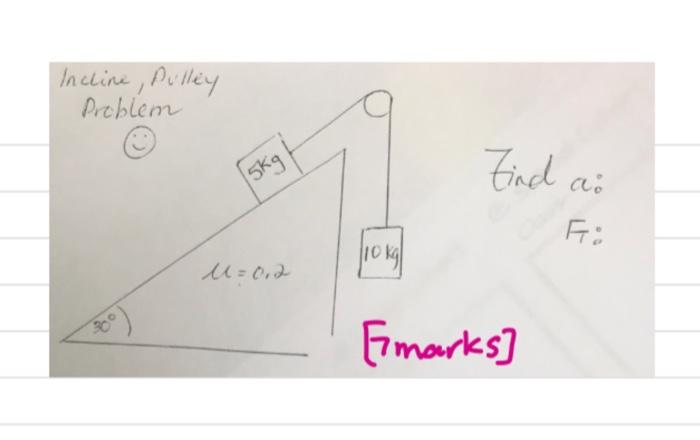 Solved Incline, Pulley Problem ☺ [5kg Find ao F: 10kg u=0.2 | Chegg.com