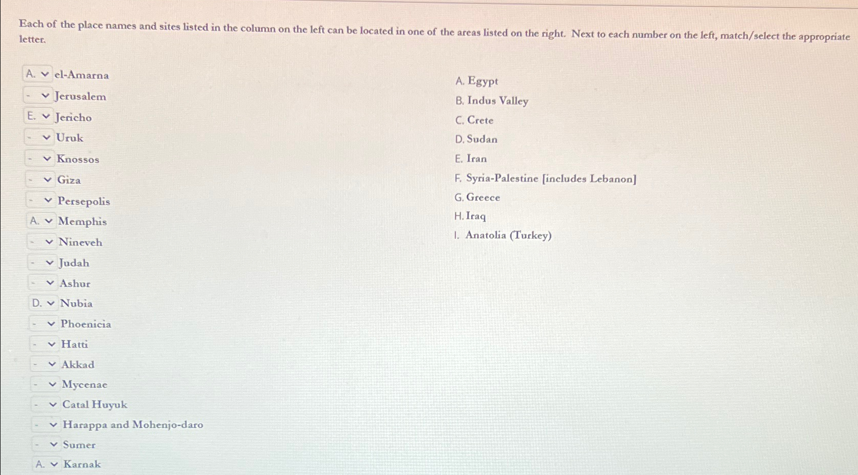 Solved Each of the place names and sites listed in the | Chegg.com