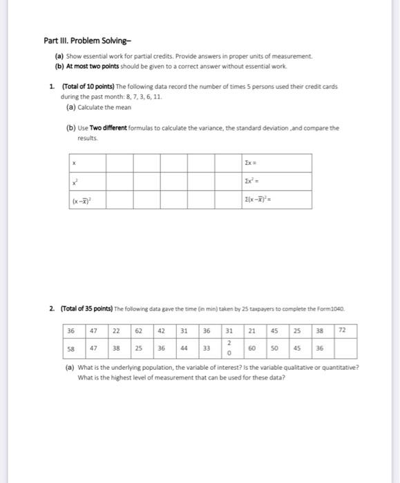 Solved Part III. Problem Solving- (a) Show essential work | Chegg.com