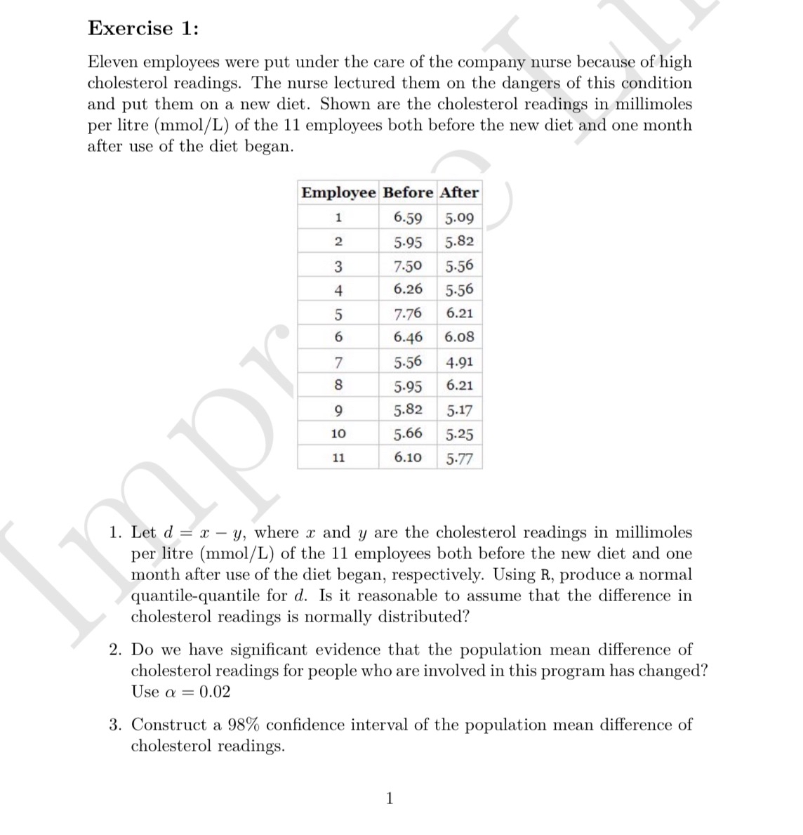 Solved Exercise 1:Eleven employees were put under the care | Chegg.com