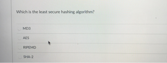 Solved Which is the least secure hashing algorithm? MD3 AES | Chegg.com