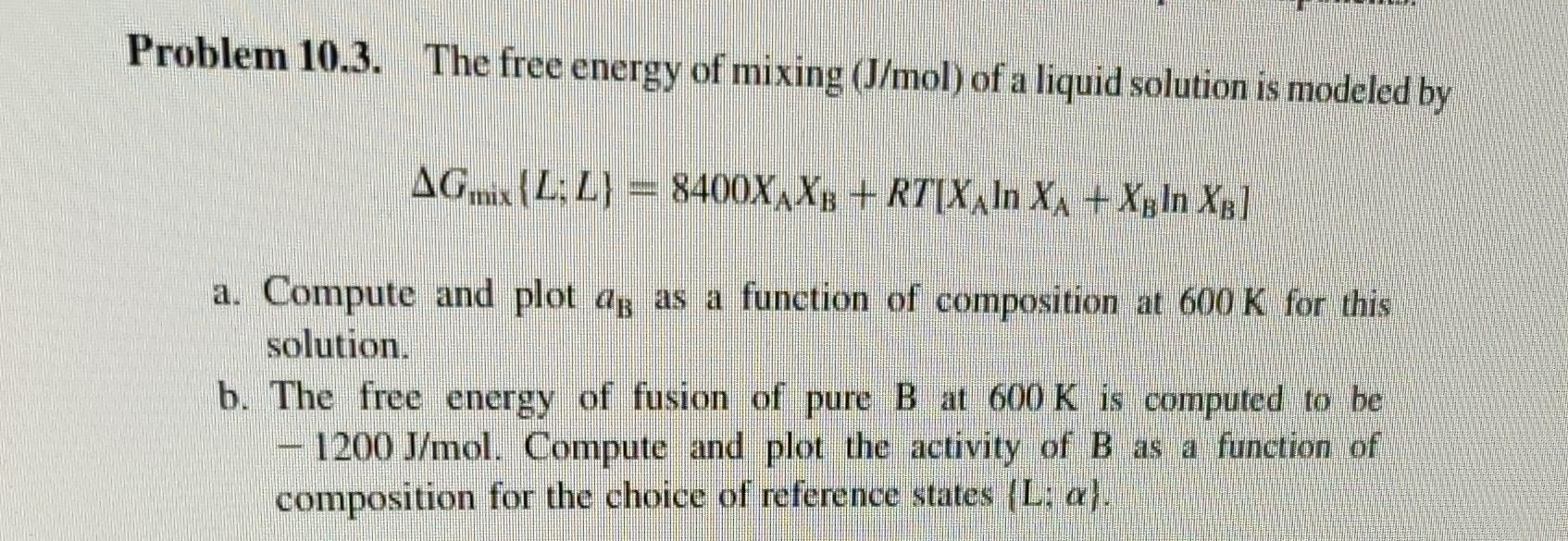Solved Problem 10.3. The free energy of mixing (J/mol) of a | Chegg.com