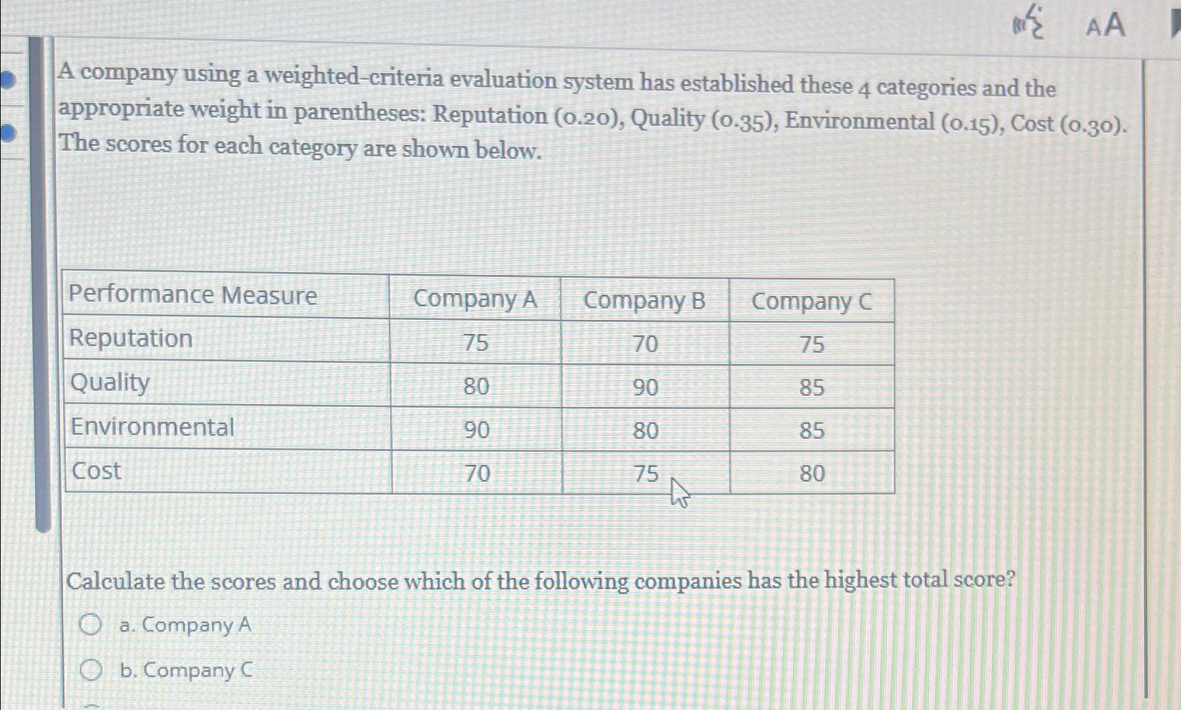 Solved A company using a weighted-criteria evaluation system | Chegg.com