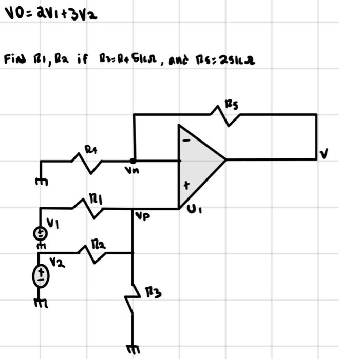 Solved V0=2V1+3V2 Find R1,R2 if R3=R4516Ω, and R5=2516Ω | Chegg.com