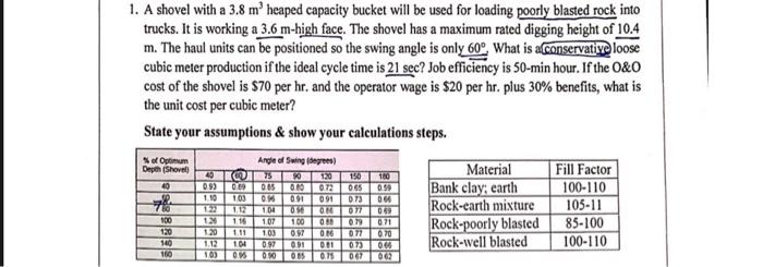 Solved 1. A shovel with a 3.8 m3 heaped capacity bucket will | Chegg.com
