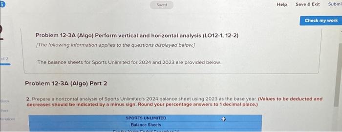 Solved Problem 12-3A (Algo) Perform vertical and horizontal | Chegg.com