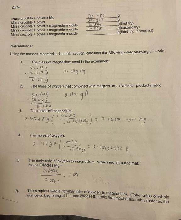Solved Data: \begin{tabular}{lll} Mass crucible + cover +Mg | Chegg.com