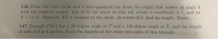 Solved 146. Draw the unit circle and a first-quadrant ray | Chegg.com