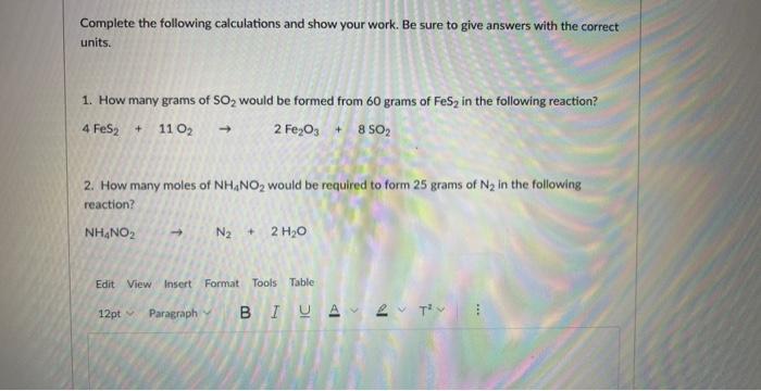 Solved Complete the following calculations and show your | Chegg.com