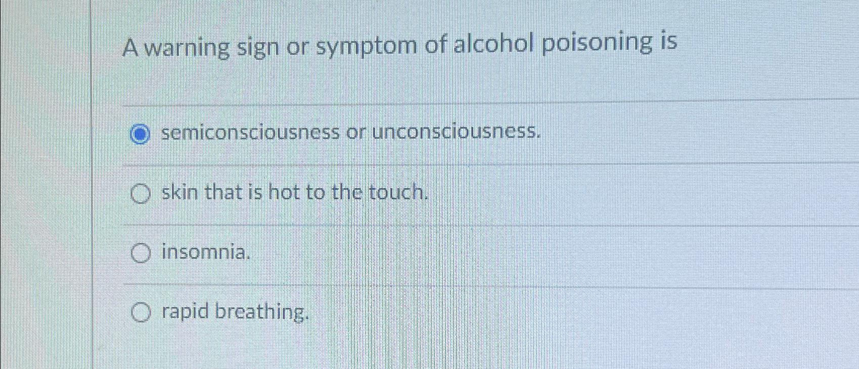 Solved A warning sign or symptom of alcohol poisoning | Chegg.com