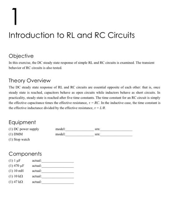 1 Introduction to RL and RC Circuits Objective In | Chegg.com
