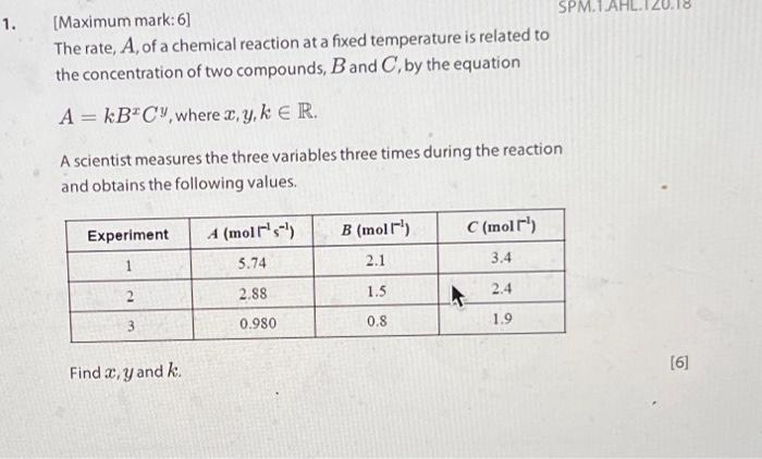 Solved [Maximum mark: 6] The rate, ( A ), of a chemical | Chegg.com