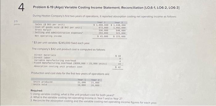 Solved Problem 6-19 (Algo) Variable Costing Income | Chegg.com