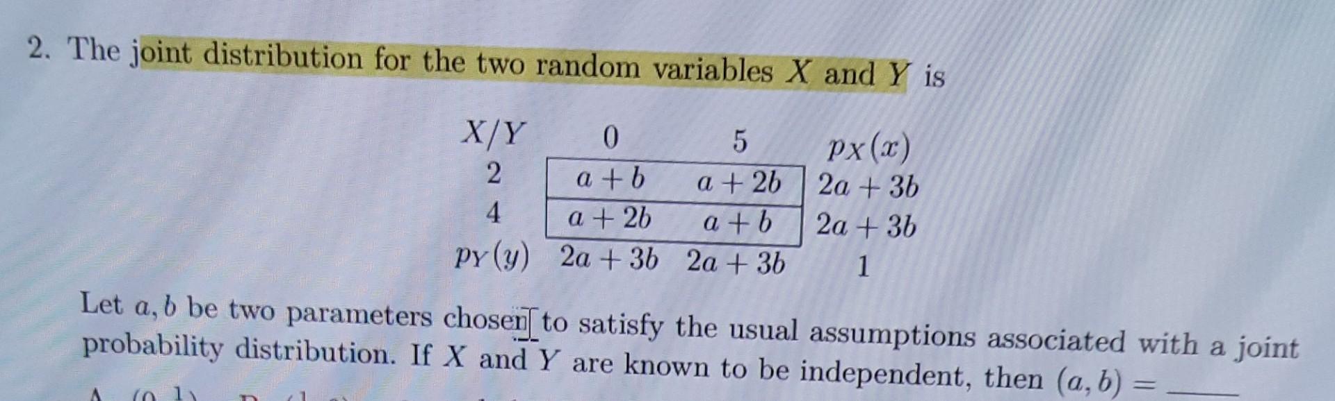 Solved 2. The joint distribution for the two random | Chegg.com