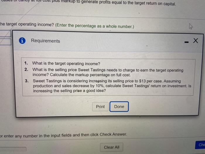 Solved on capital. target operating income? (Enter the | Chegg.com