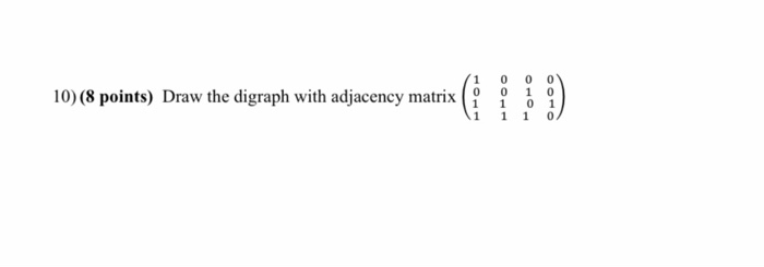 Solved 10) (8 points) Draw the digraph with adjacency matrix | Chegg.com