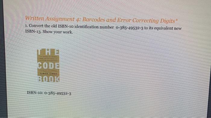 Solved Written Assignment 4: Barcodes and Error Correcting | Chegg.com