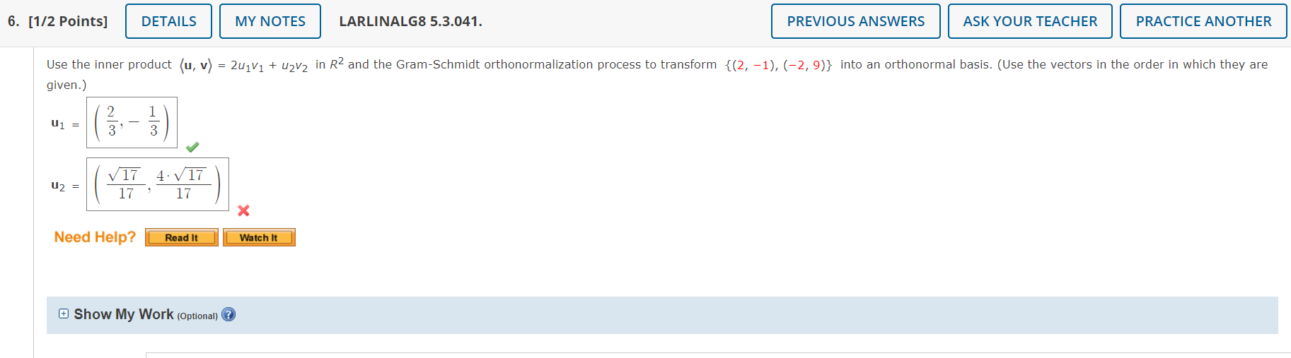 Solved Use the inner product (:u,v:)=2u1v1+u2v2 ﻿in R2 ﻿and | Chegg.com