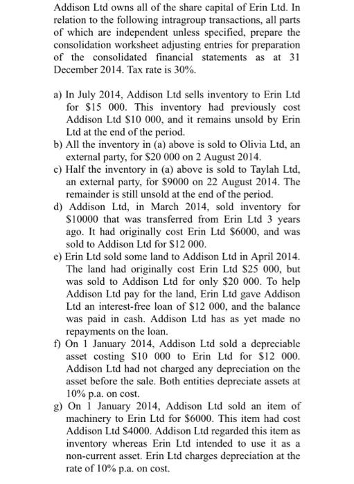 Addison Ltd owns all of the share capital of Erin | Chegg.com