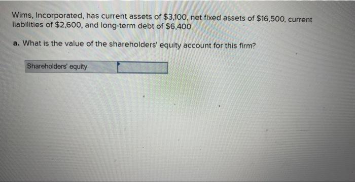 Solved Wims, Incorporated, has current assets of $3,100, net | Chegg.com