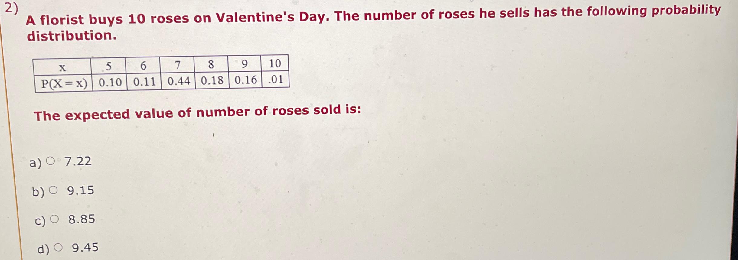 Solved A florist buys 10 ﻿roses on Valentine's Day. The | Chegg.com