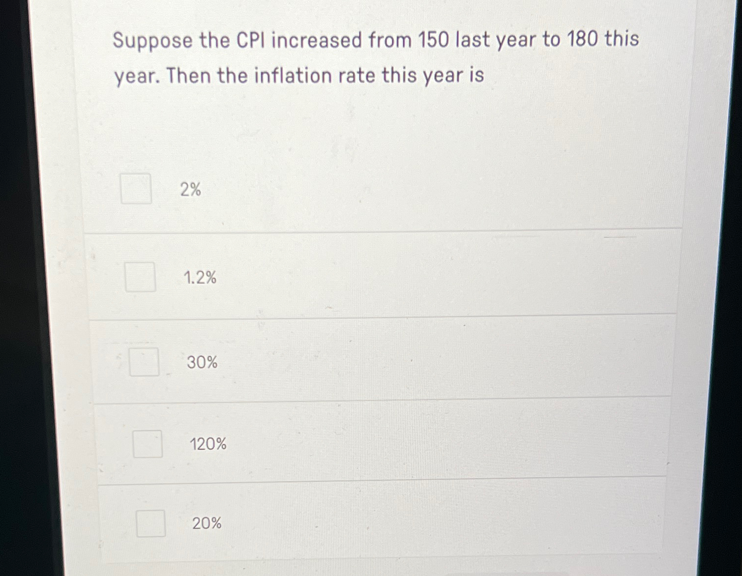 Solved Suppose the CPI increased from 150 ﻿last year to 180 | Chegg.com