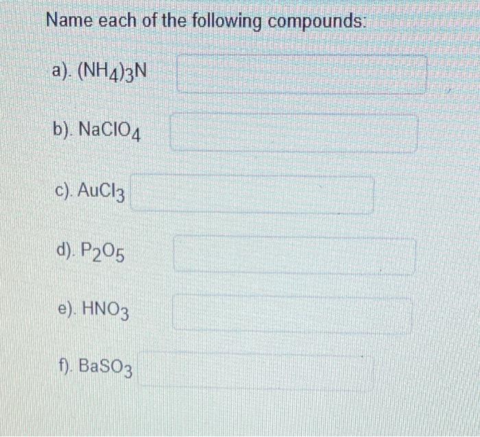Solved Name each of the following compounds: a). (NH4)3 N | Chegg.com