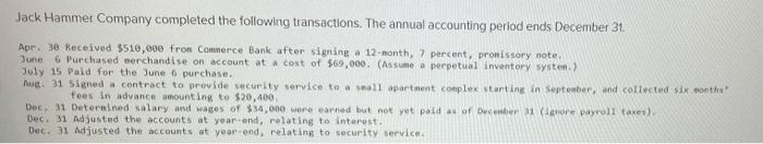 Solved Jack Hammet Company completed the following | Chegg.com