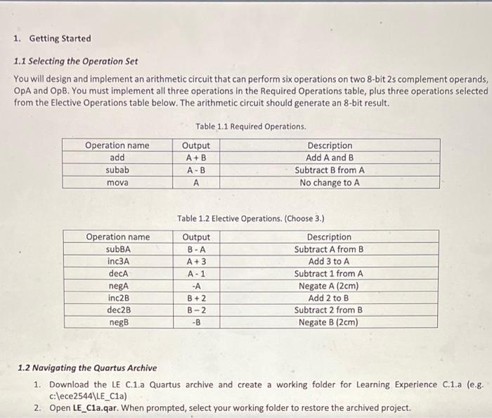 Solved 1. Getting Started 1.1 Selecting the Operation Set | Chegg.com
