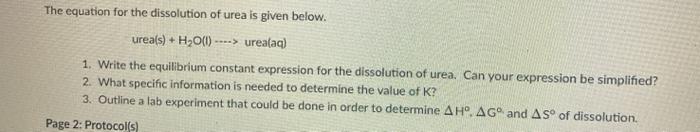 Solved The equation for the dissolution of urea is given | Chegg.com