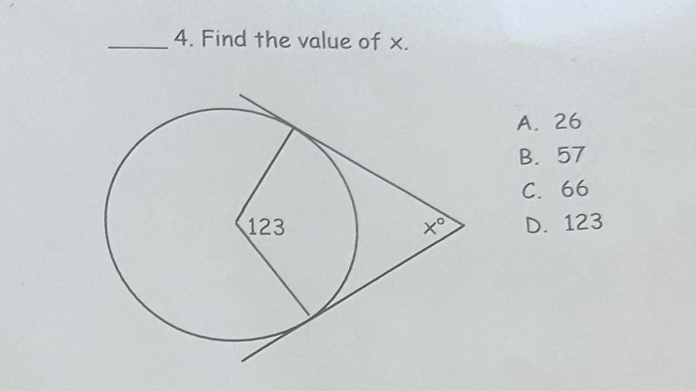 Solved Find the value of x.A. 26B. 57C. 66D. 123 | Chegg.com
