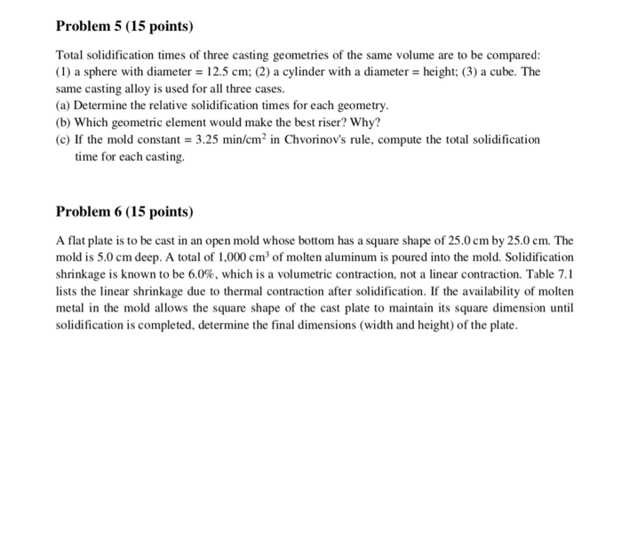 Solved Problem 5 (15 points) Total solidification times of | Chegg.com