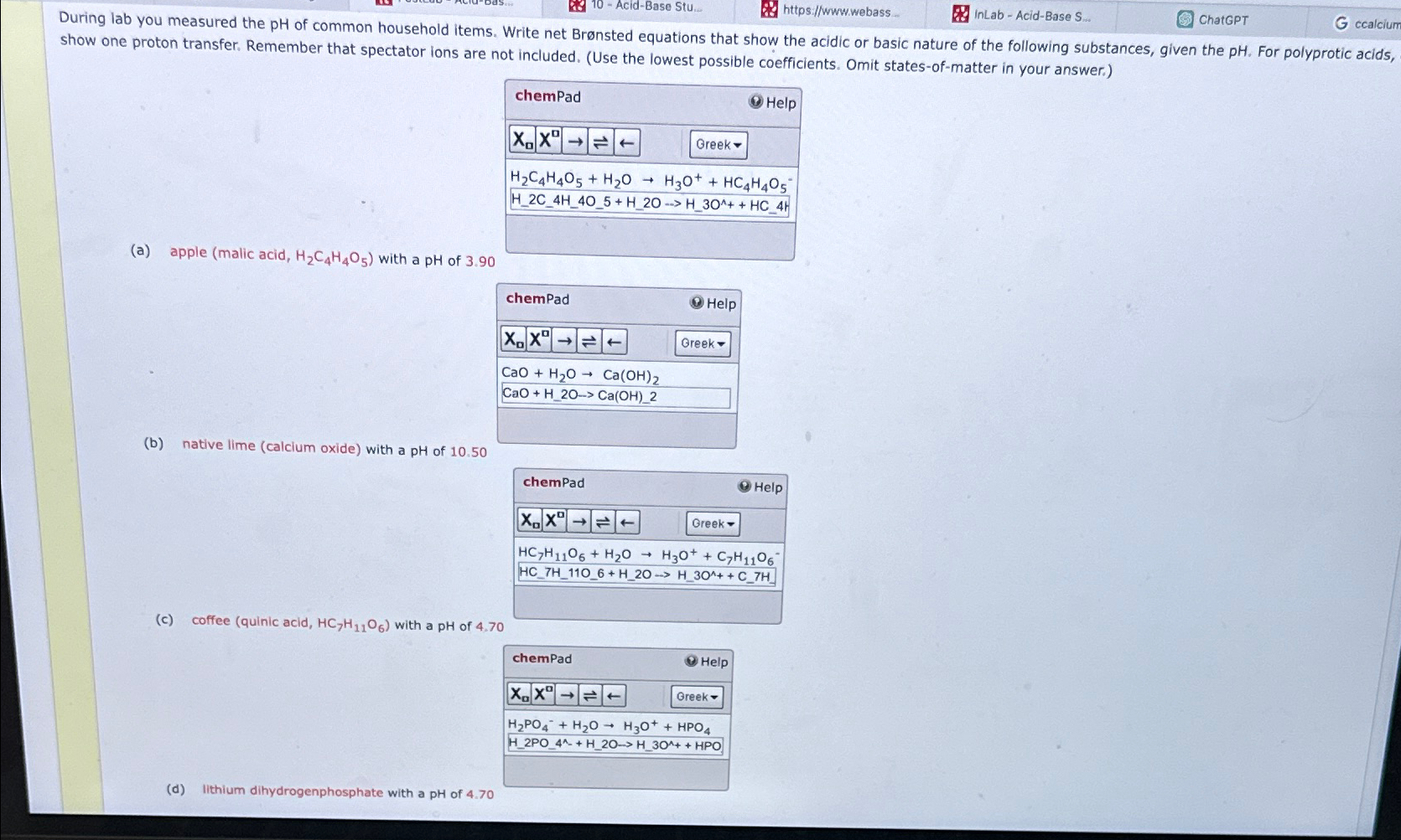 Solved Write net Brønsted equations that For native lime | Chegg.com