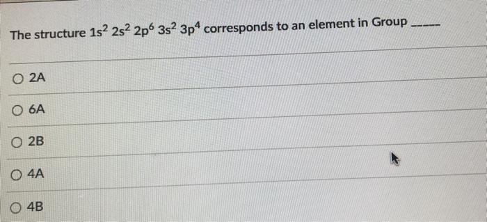 Solved The structure 1s 2s 2p 3s 3p4 corresponds to an | Chegg.com