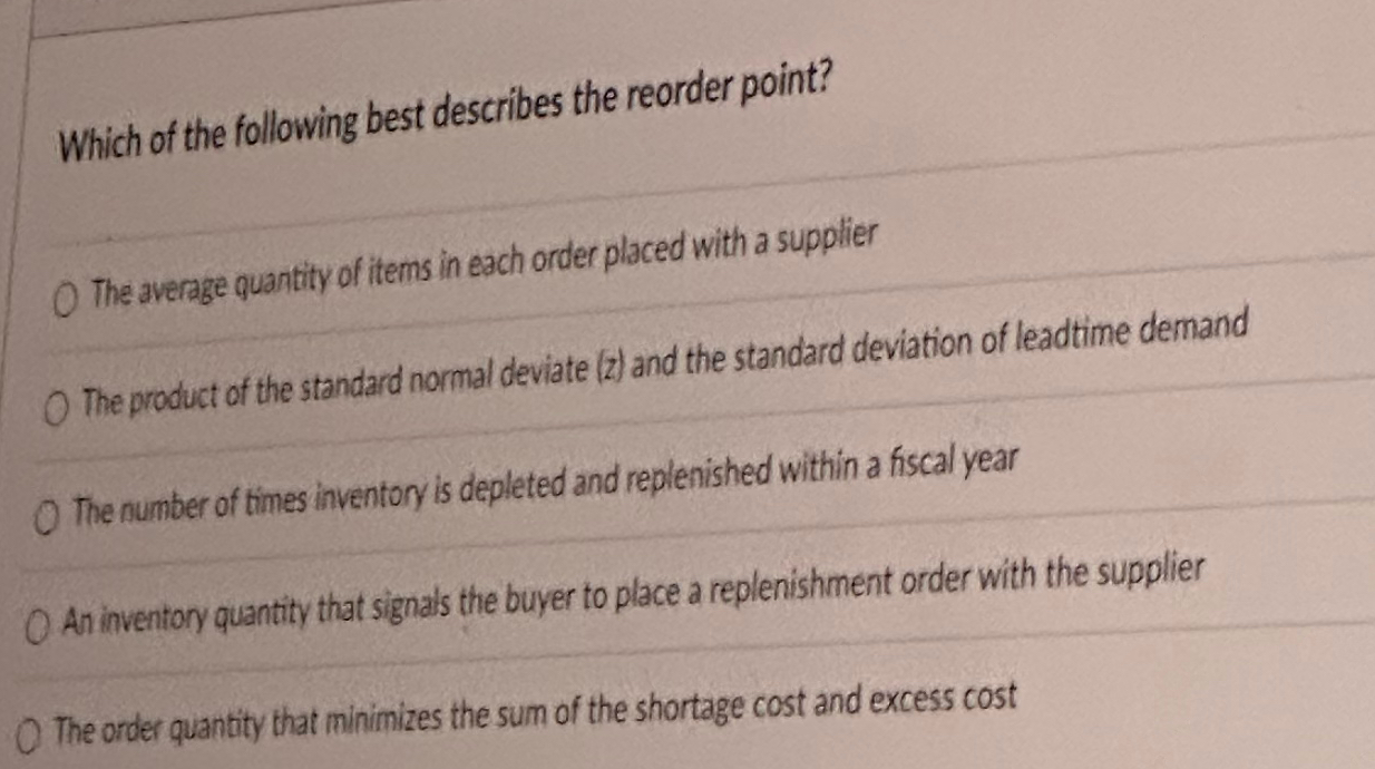 Solved Which of the following best describes the reorder | Chegg.com