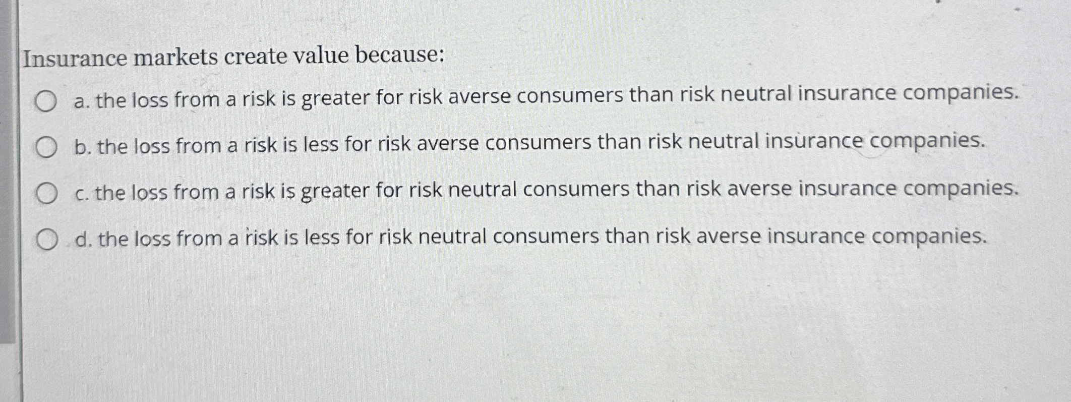 Solved Insurance markets create value because:a. ﻿the loss | Chegg.com