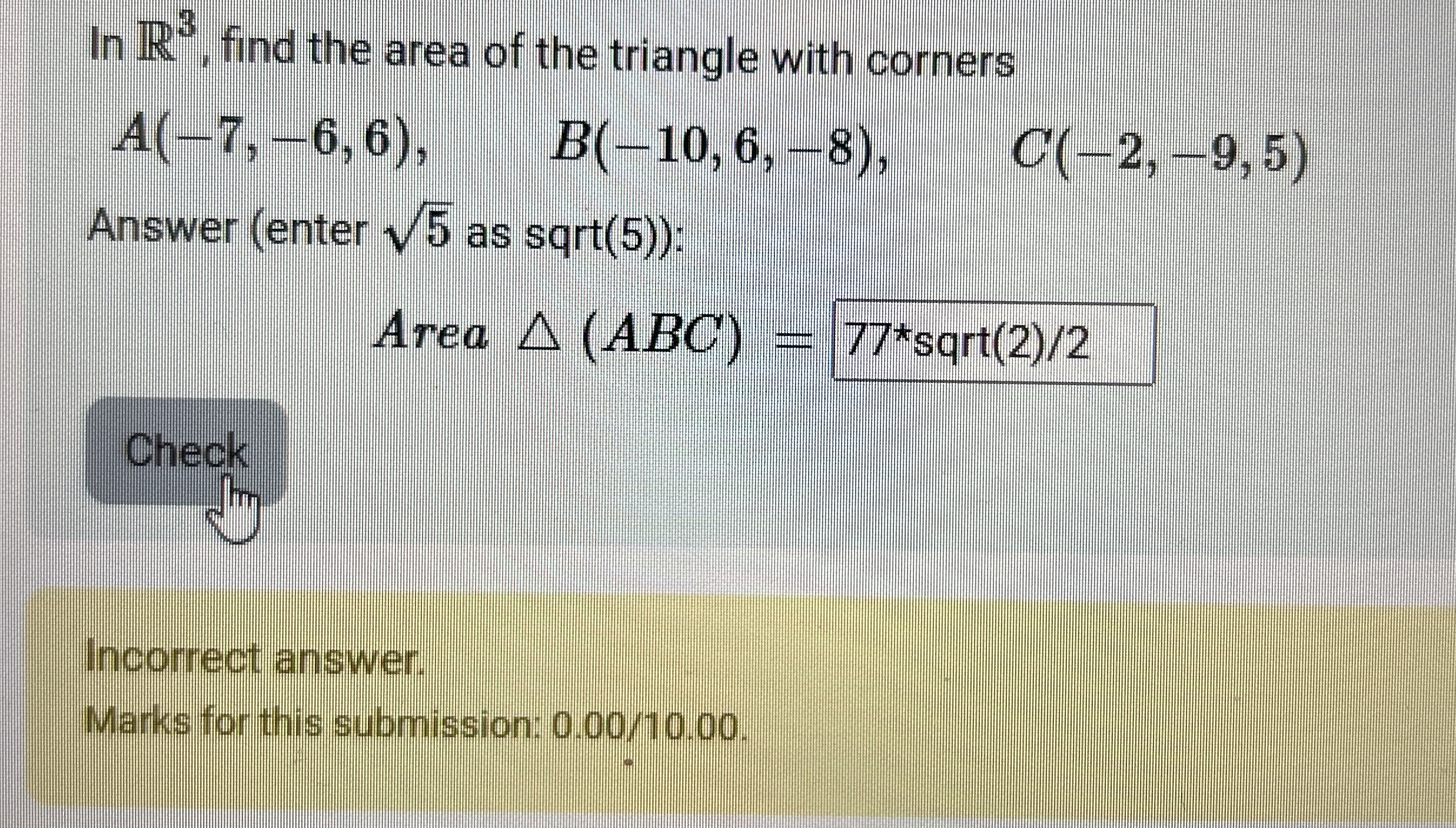 Solved lnR3, ﻿find the area of the triangle with | Chegg.com