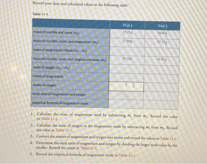 Solved Record your data and calculated values in the | Chegg.com