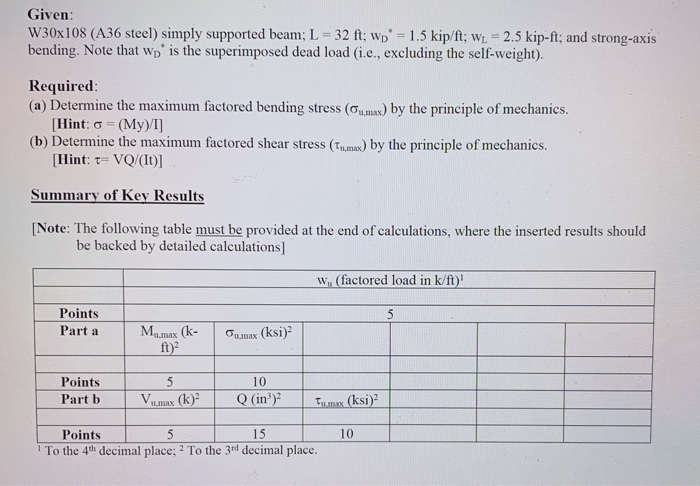 Solved Given W30x108 (A36 steel) simply supported beam, L=32 | Chegg.com