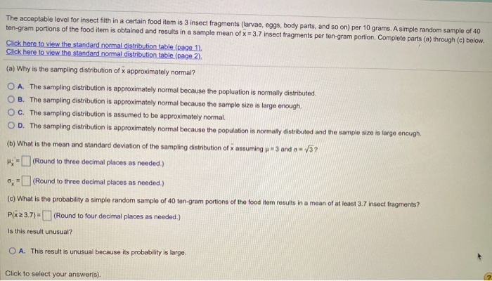 Solved The acceptable level for insect filth in a certain | Chegg.com