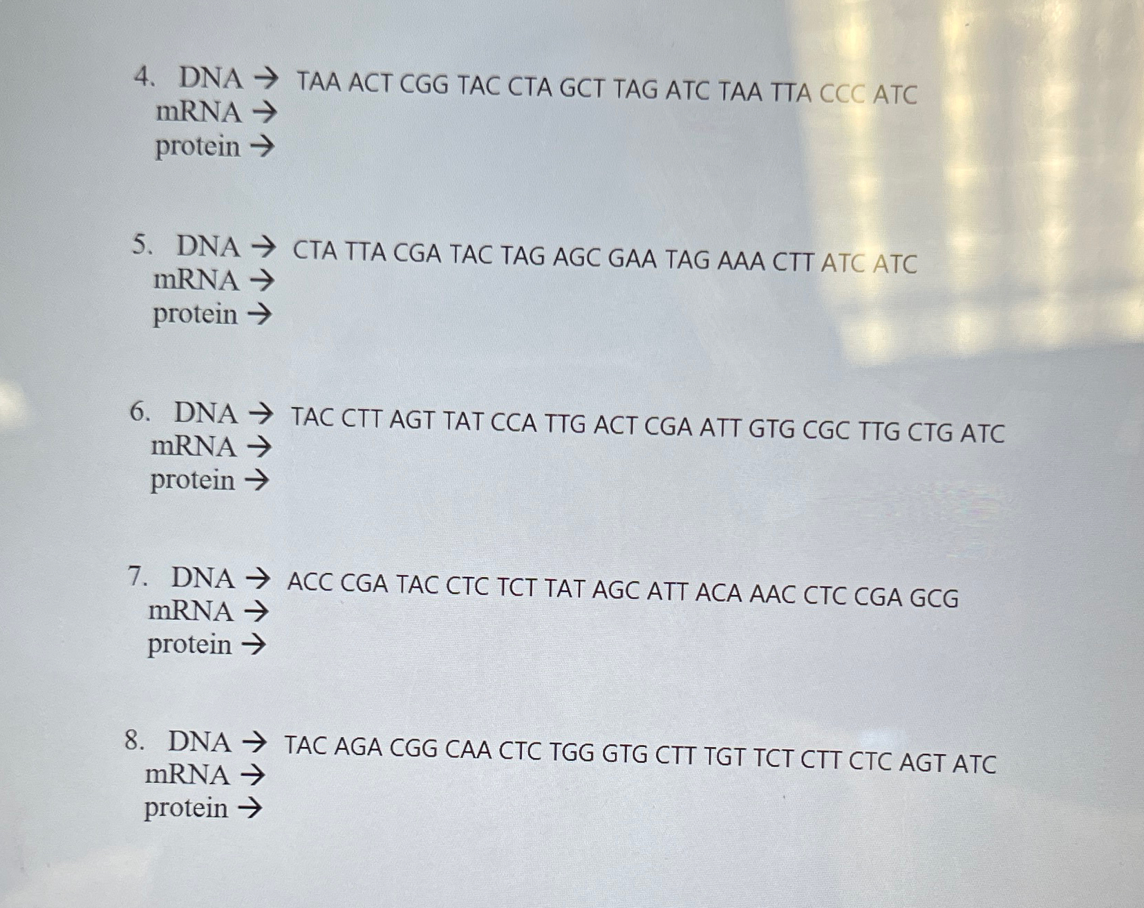 Solved DNA → ﻿TAA ACT CGG TAC CTA GCT TAG ATC TAA TTA CCC | Chegg.com