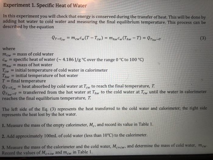 Experiment 1. Specific Heat of Water In this | Chegg.com