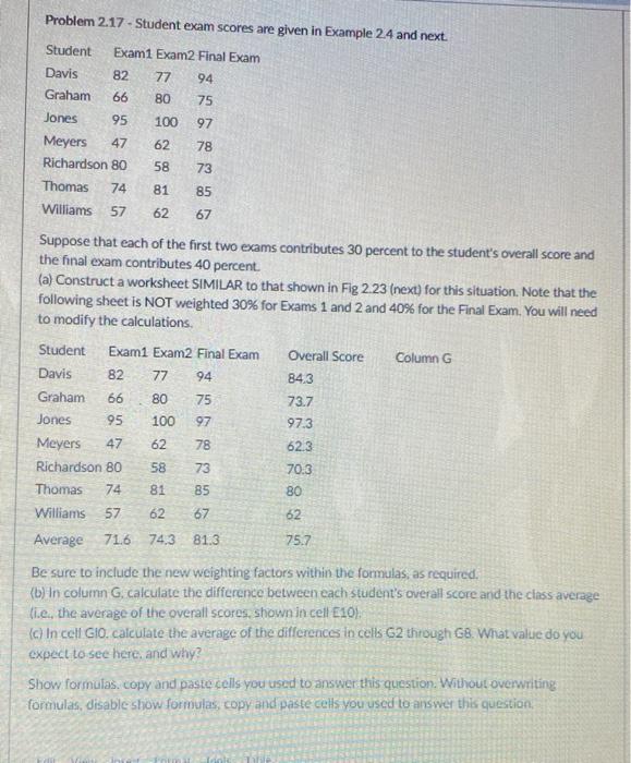 Solved Problem 2.17 - Student exam scores are given in | Chegg.com