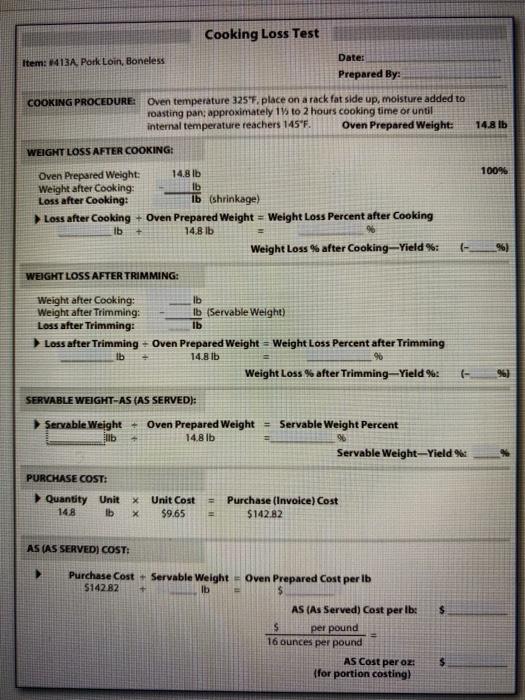 Cooking Loss Test Item: #413A Pork Loin, Boneless | Chegg.com