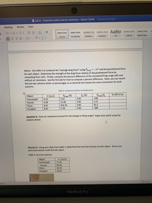 Solved Lab 6 - Projectile motion and air resistance - Report | Chegg.com