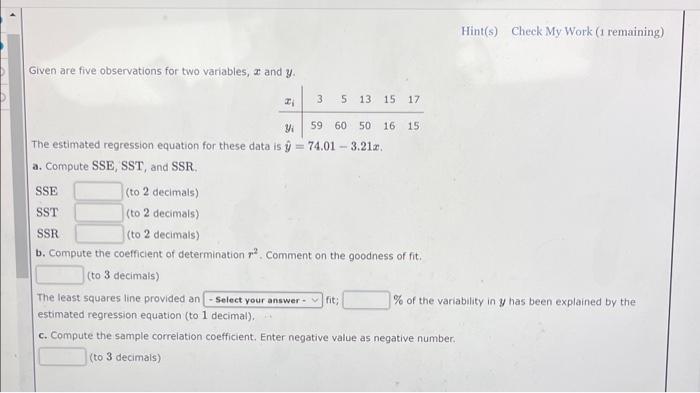 Solved Hint(s) Check My Work (1 remaining) Given are five | Chegg.com