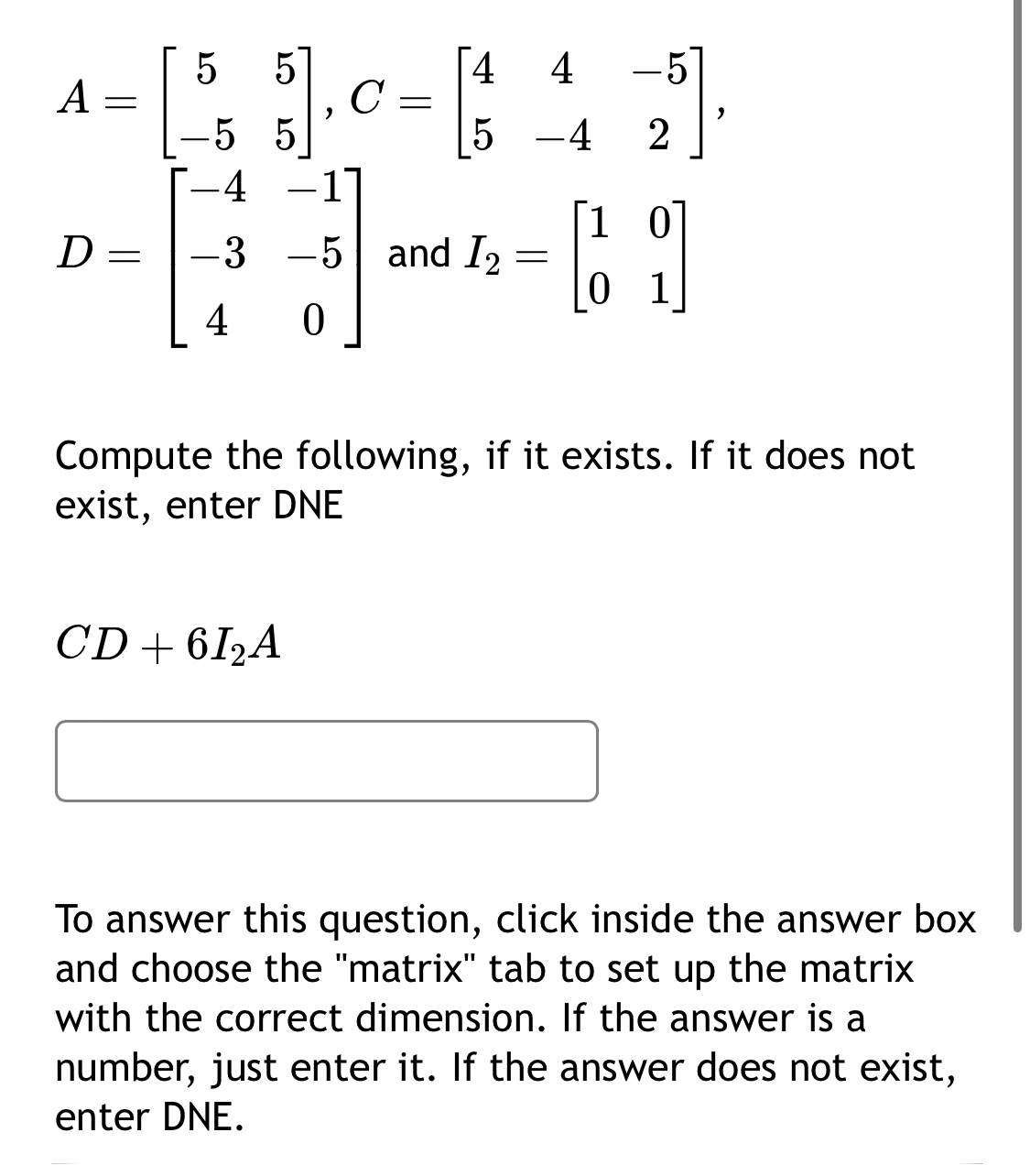 Solved A=[555]-5,C=[44-5-42]5D=[-4-1-50]4-3 ﻿and | Chegg.com