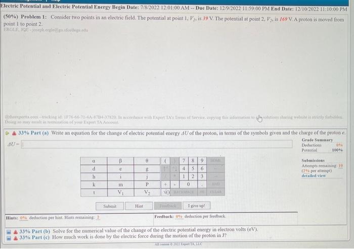 Solved (50\%) Problem 1: Consider two points in an electric | Chegg.com