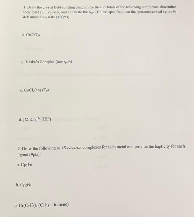Solved 1. Draw the crystal field splitting diagram for the | Chegg.com